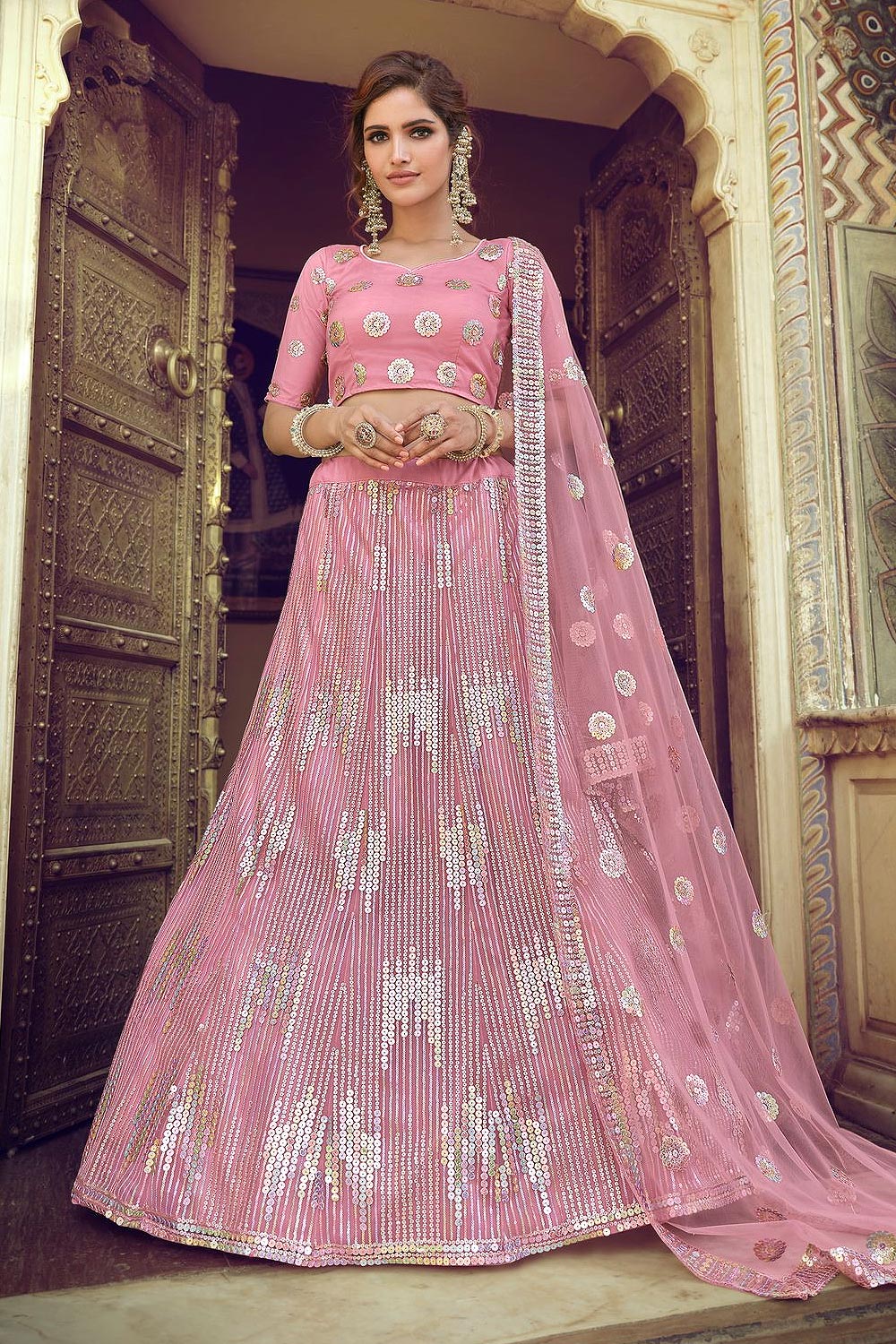 Buy Light Pink Net Embellished Lehenga Online | Like A Diva