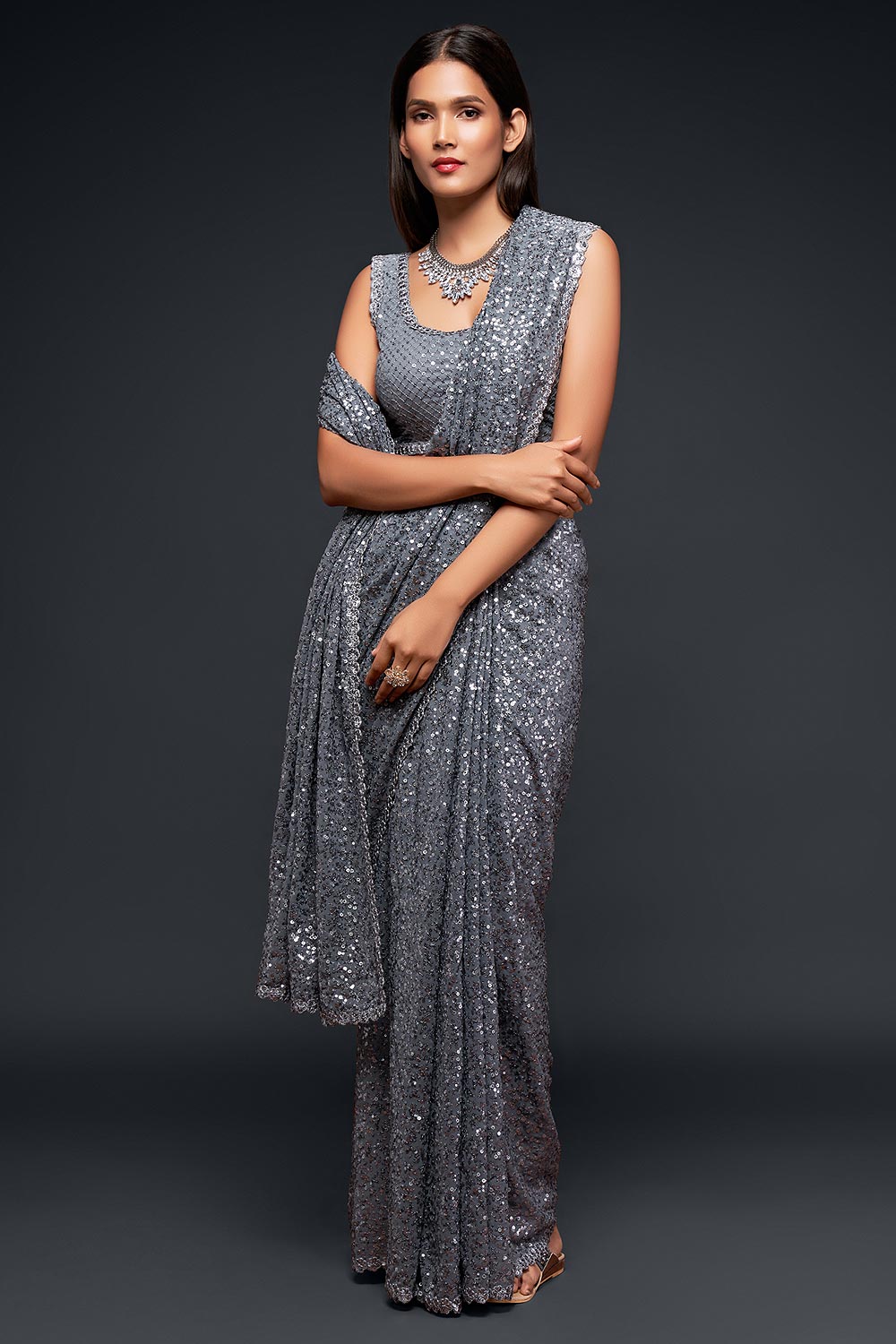 Buy Grey Georgette Sequined Saree Online | Like A Diva