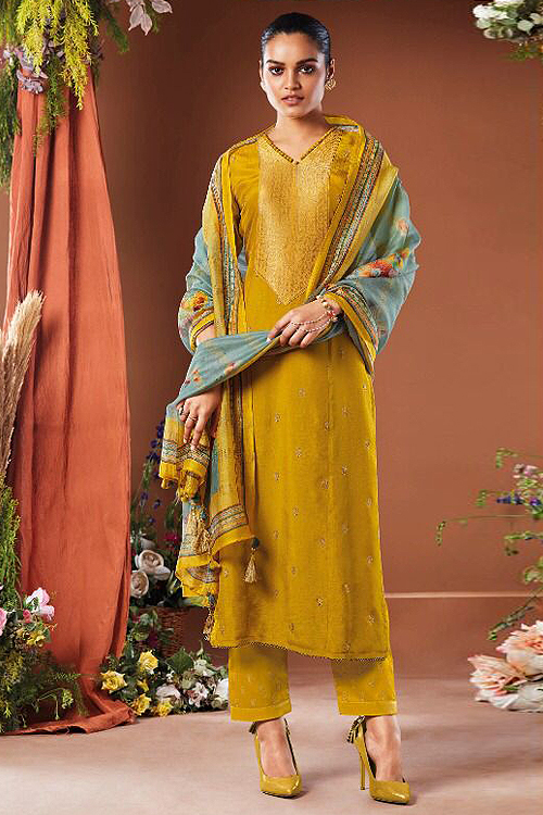 Buy Ready To Wear Mustard Yellow Silk Embroidered Suit Online | Like A Diva