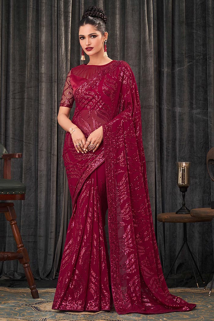 Buy Cherry Red Georgette Embellished Saree Online | Like A Diva