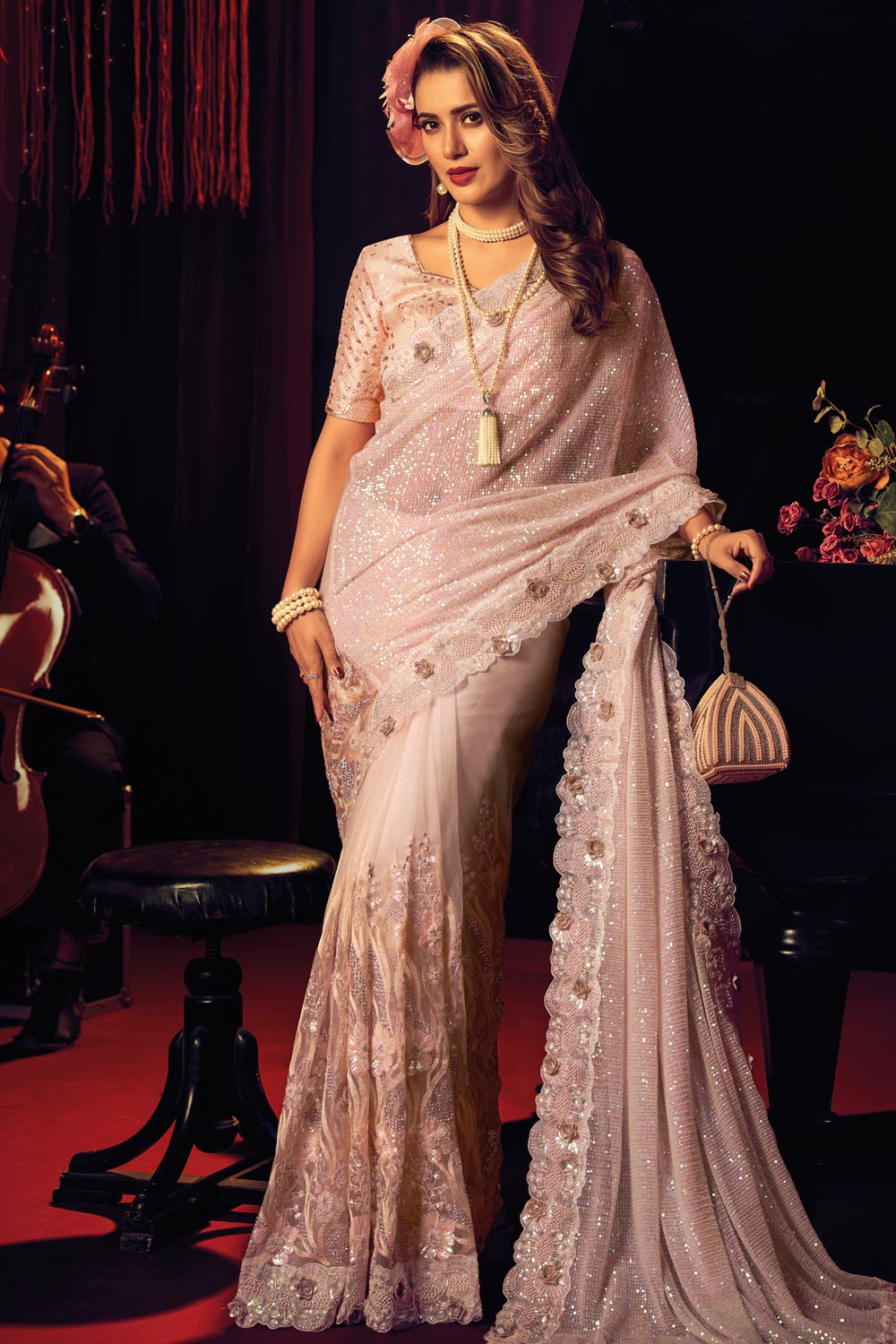 Buy Soft Rose Pink Luxe Fabric & Net 3d Flower Embellished Designer ...