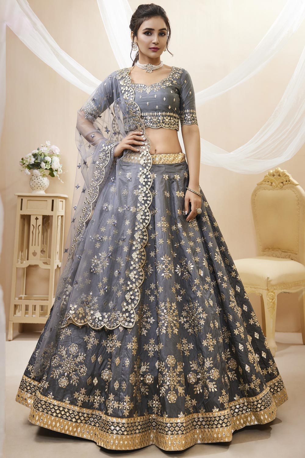 Buy Grey Silk Embroidered Lehenga Set Online | Like A Diva
