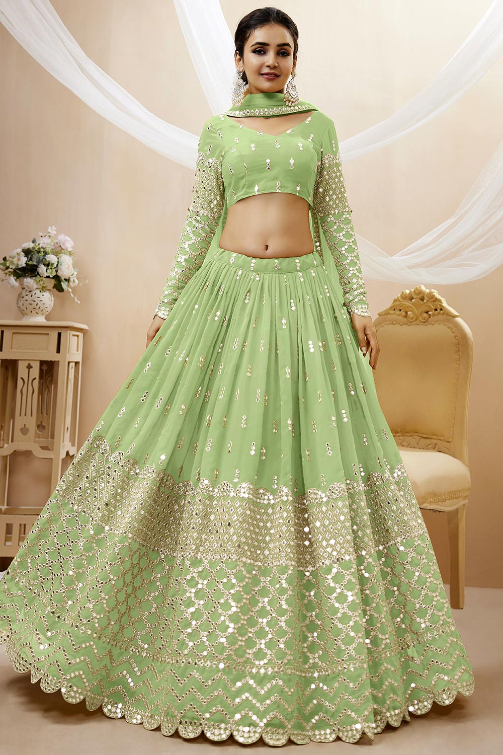Buy Light Green Georgette Embroidered Lehenga Set Online | Like A Diva