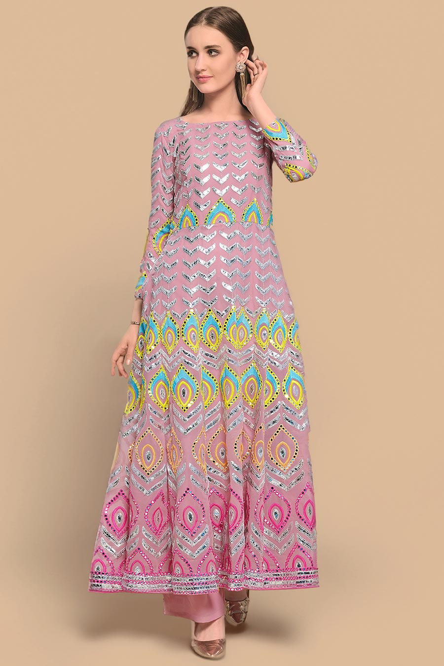 Buy Light Pink & Multicolored Georgette Embroidered Side Slit Anarkali ...