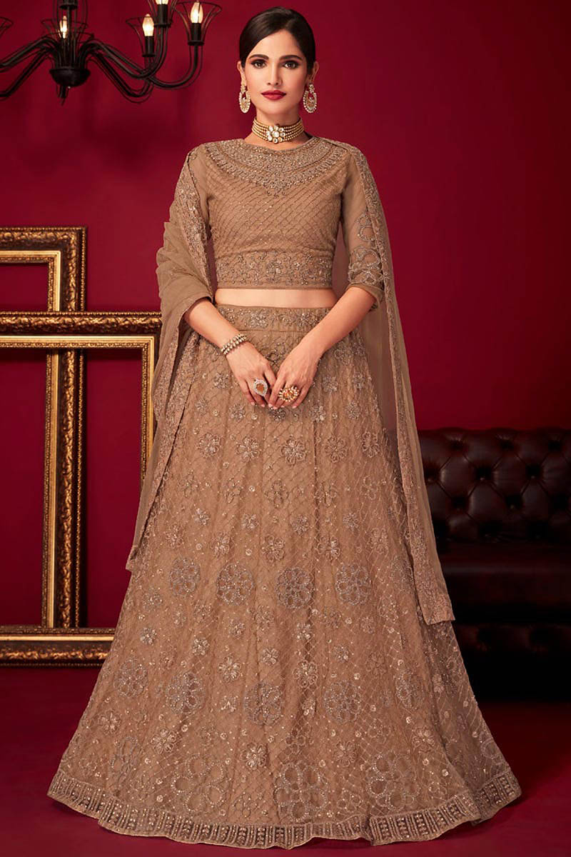 Buy Light Brown Net Embroidered Lehenga Set Online | Like A Diva