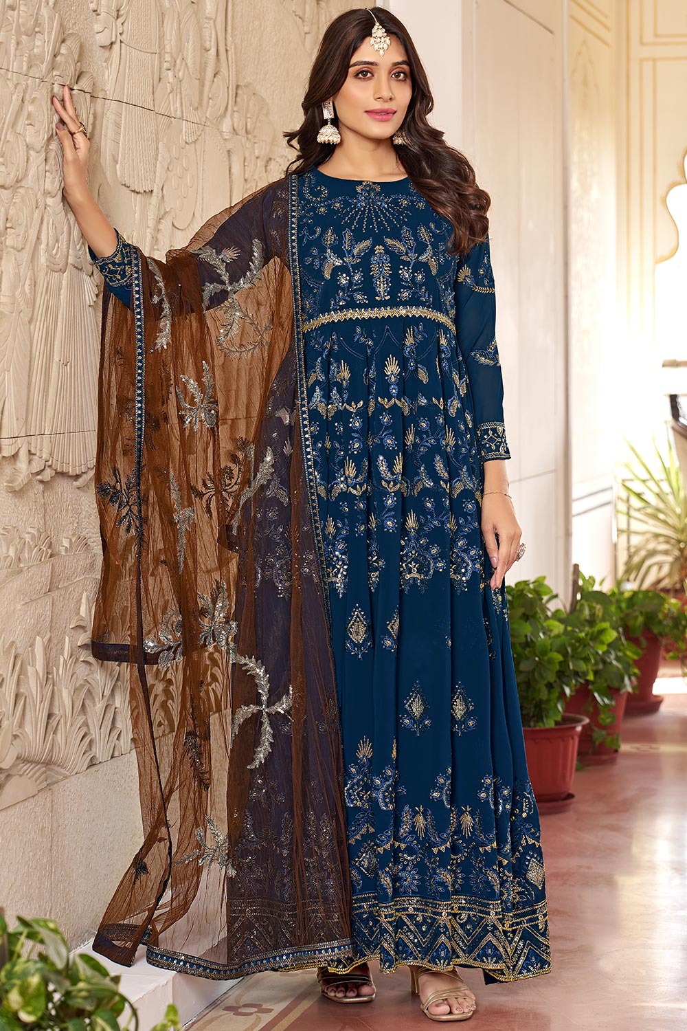 Buy Prussian Blue Georgette Embroidered Anarkali Dress Online | Like A Diva