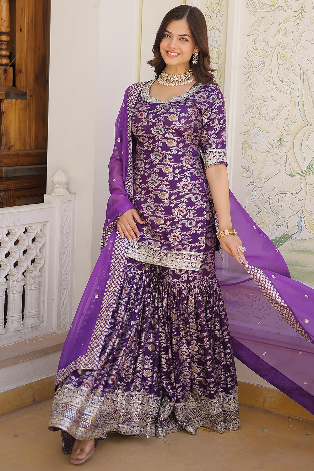 Buy Purple Silk Jacquard Embroidered Sharara Suit Set Online | Like A Diva