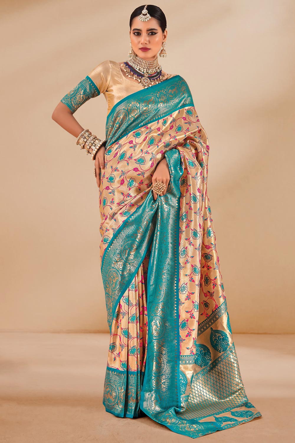 Buy Light Peach & Turquoise Tissue Silk Woven Saree Online | Like A Diva