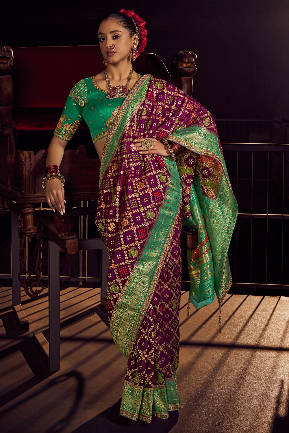 Buy Plum Silk Zari Woven & Hand Embroidered Saree Online | Like A Diva