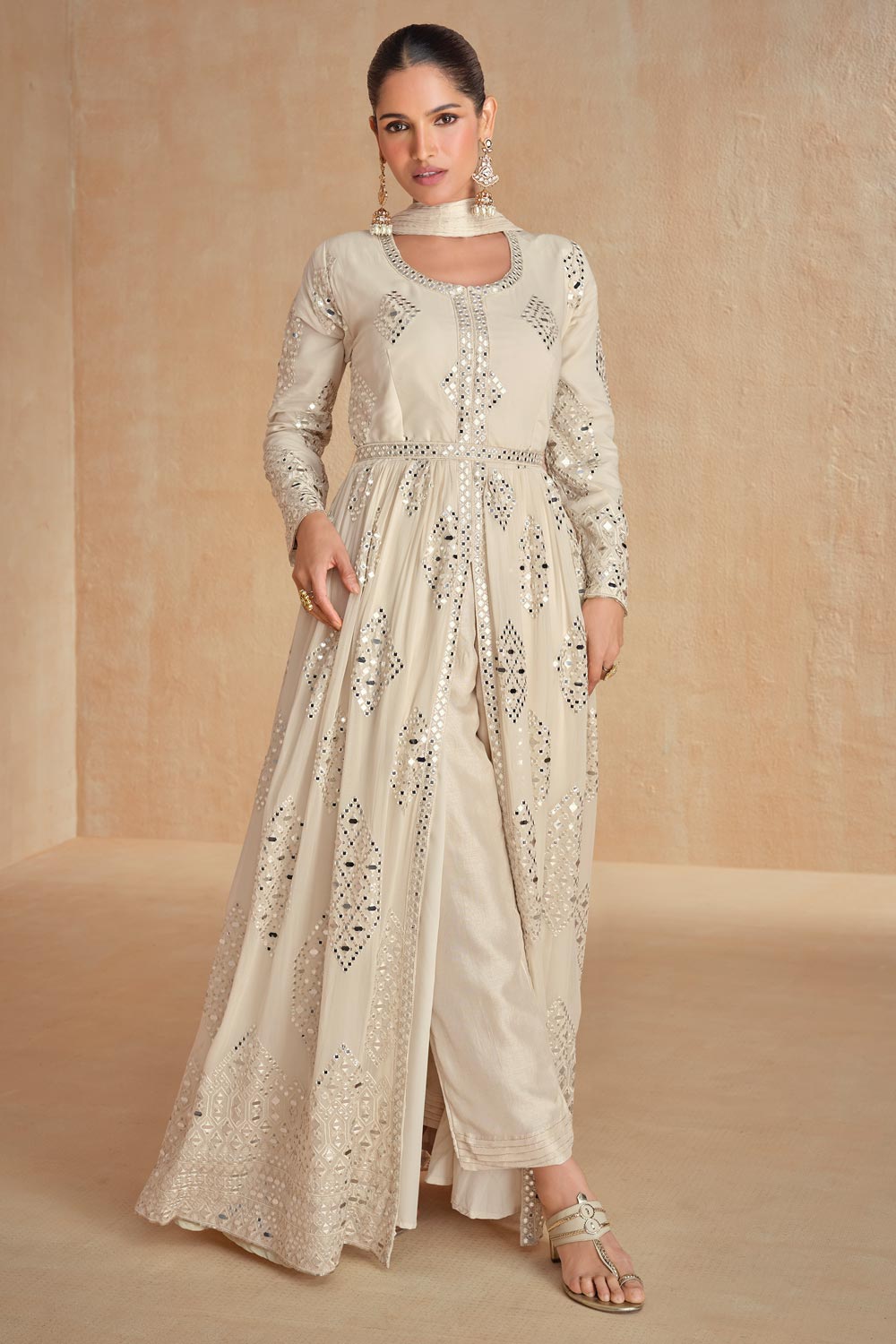 Buy Ivory Georgette Embroidered Front Slit Anarkali Dress With Belt ...