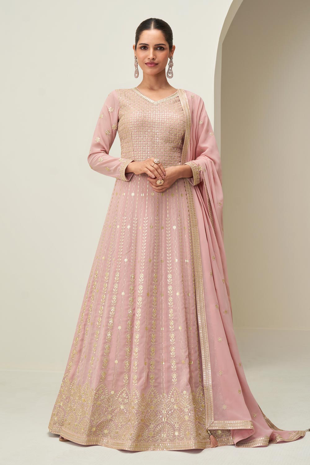 Buy Pastel Pink Georgette Embroidered Anarkali Dress With Dupatta ...