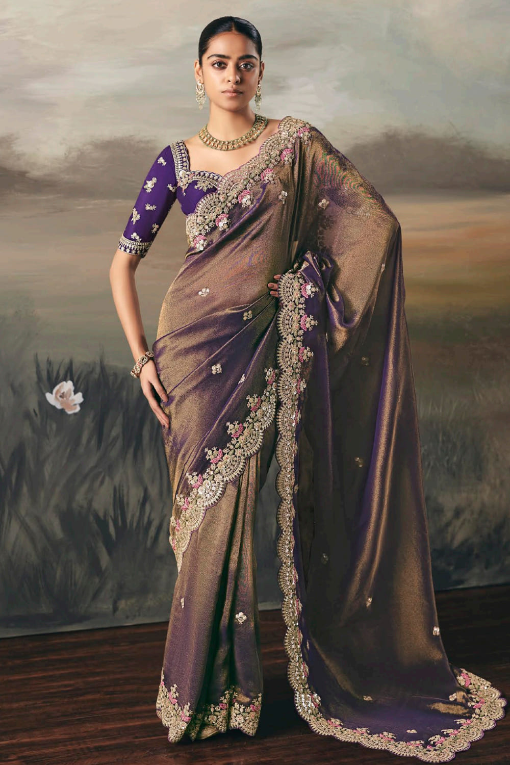 Buy Plum Tissue Silk Hand Embroidered Saree Online | Like A Diva