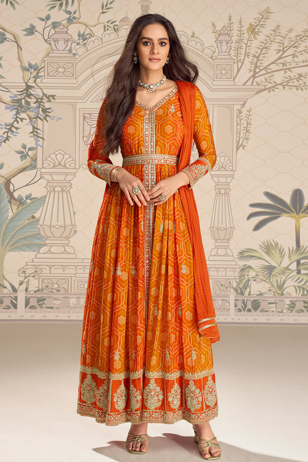 Buy Orange Chinon Silk Bandhani Anarkali Set With Dupatta Online | Like ...